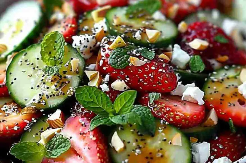 Salade de fraises, concombre et feta, vinaigrette au miel et citron ...